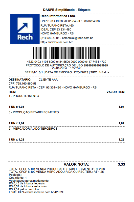 Emissão de DANFE Simplificado - Rech Sistemas de Gestão
